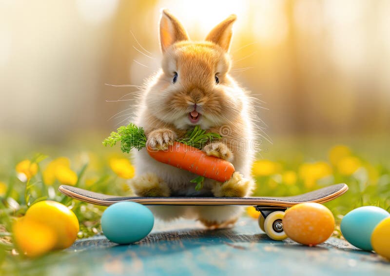 A Rabbit Holding Carrots while Standing on a Skateboard in a Garden ...