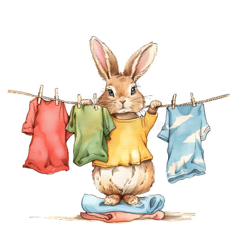 A Rabbit is Holding Clothes on a Clothesline. Stock Illustration ...