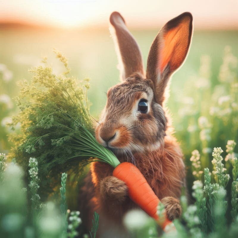 Rabbit Holding Fresh Carrots at Sunset. Stock Photo - Image of peaceful ...