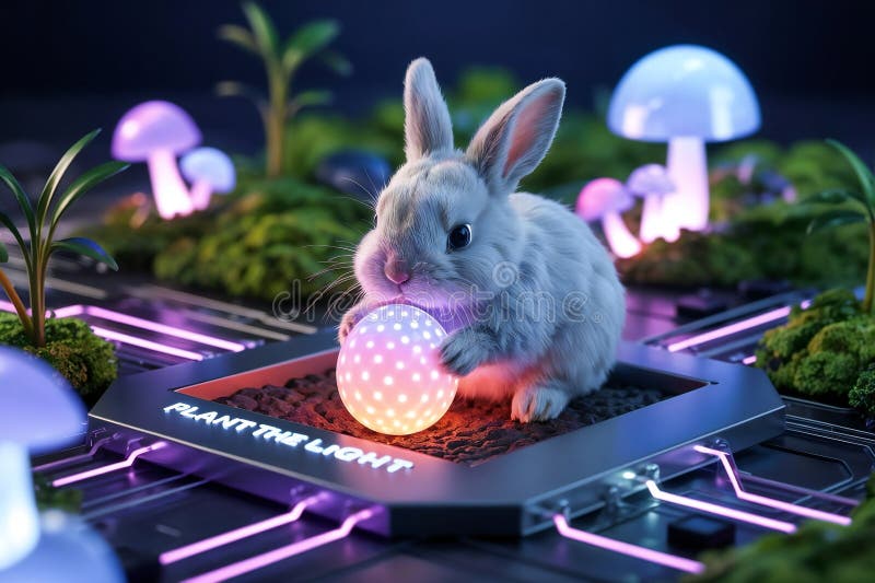 Rabbit Holding Glowing Orb on Metallic Platform in Futuristic Setting ...