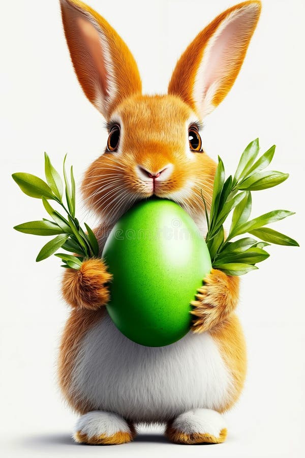A Rabbit Holding a Green Easter Egg in Its Paws Stock Image - Image of ...