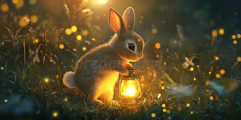 A Rabbit is Holding a Lantern in a Field Stock Illustration ...