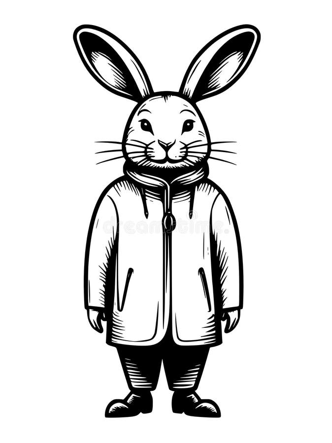 Rabbit in a Hoodie. Illustration in Black and White Stock Illustration - Illustration of black ...