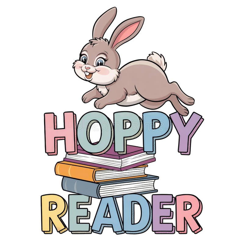 Rabbit is Hopping Over a Stack of Colorful Books, with the Words Hoppy ...