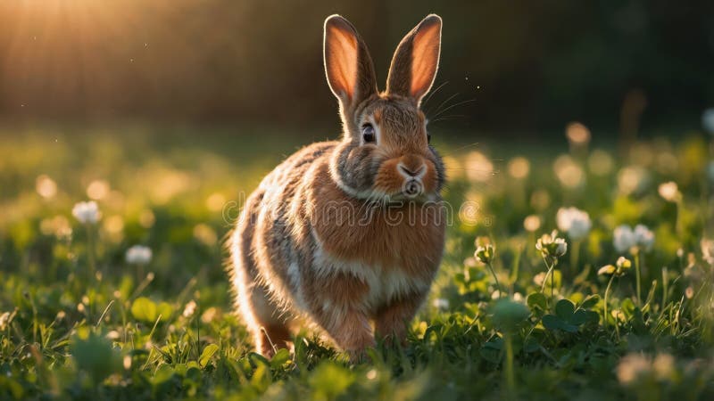 Golden Brown Rabbit in a Clover Meadow at Sunset Stock Illustration ...