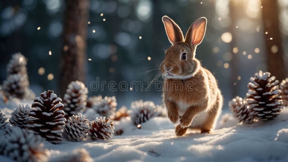 Adorable Brown Rabbit Hopping in Snowy Winter Forest Stock Illustration - Illustration of cold ...