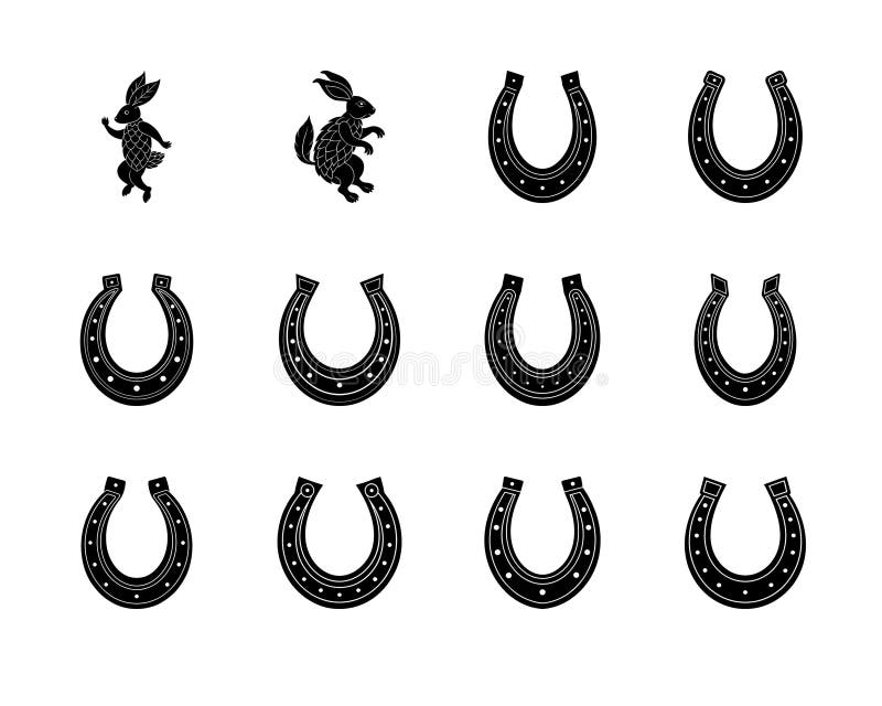 Rabbit and Horseshoe Design Set Black and White Vector Illustrations ...