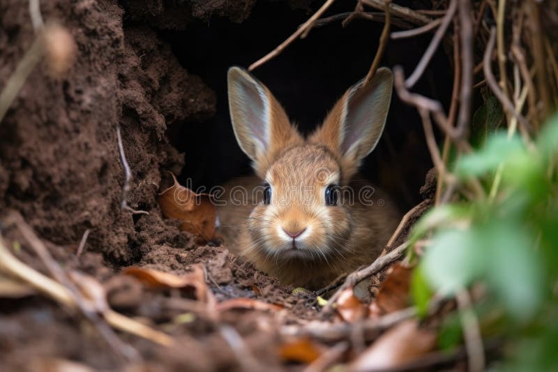 A Rabbit Huddled in Its Burrow during a Rainy Day Stock Photo - Image ...