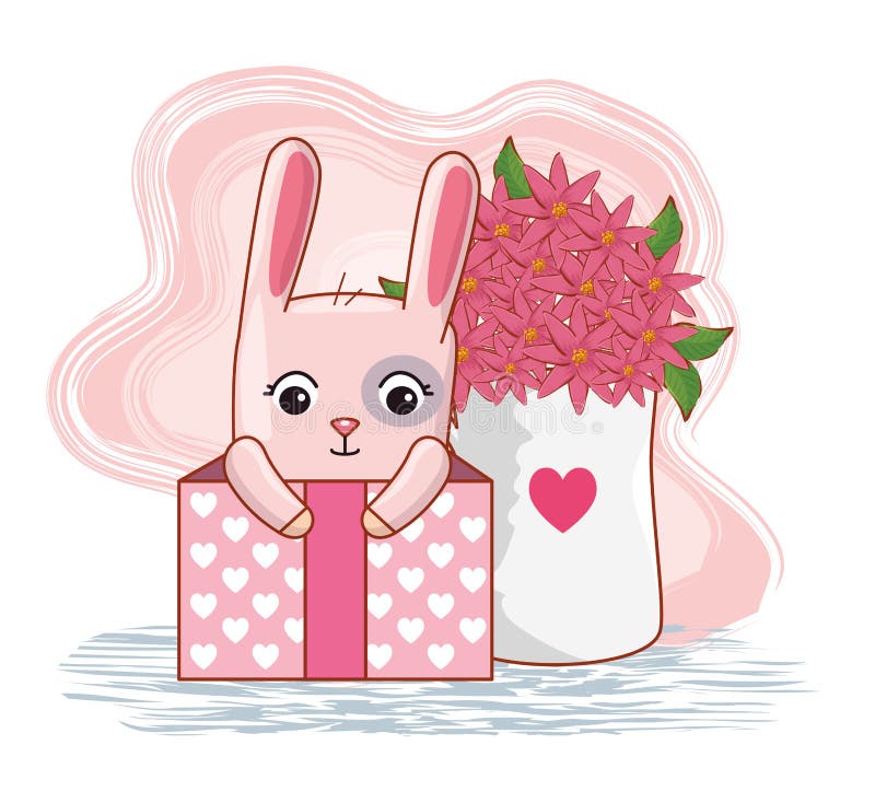Rabbit Inside Present Gift with Flowers Bouquet Stock Vector ...