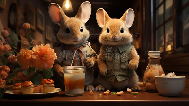 Illustration of a Rabbit and Its Bunny in Ice Cream Parlor Stock ...