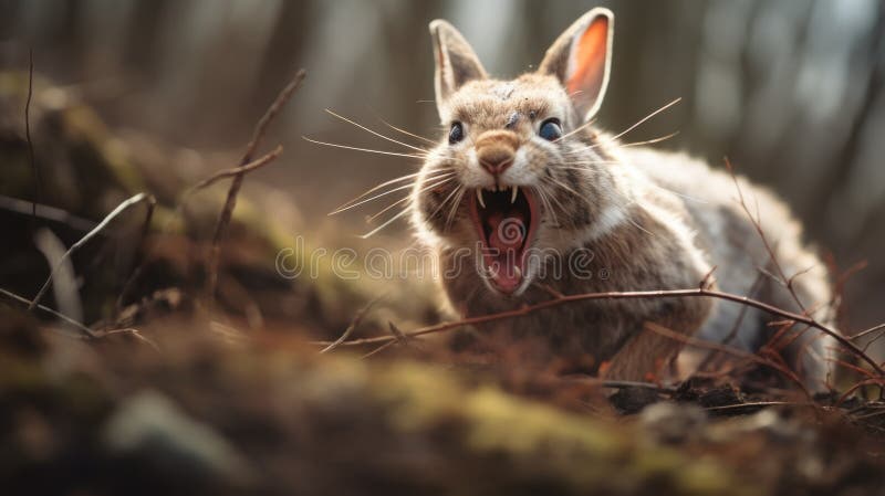A Rabbit with Its Mouth Open in the Woods, AI Stock Image - Image of ...