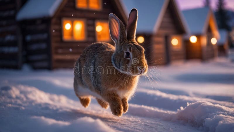 Adorable Brown Rabbit Hopping in Snowy Winter Wonderland Near Cozy ...