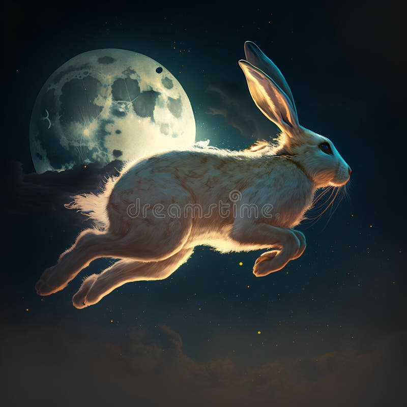 Rabbit Jumping in the Night Sky with Full Moon and Stars. Stock Image ...
