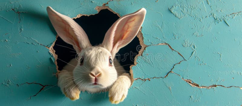 A Rabbit Jumping Out of a Torn Hole in a Blue Wall with an Easter Bunny ...