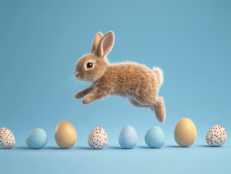 Rabbit Jumping Over Colorful Easter Eggs in Spring Garden Setting Stock ...