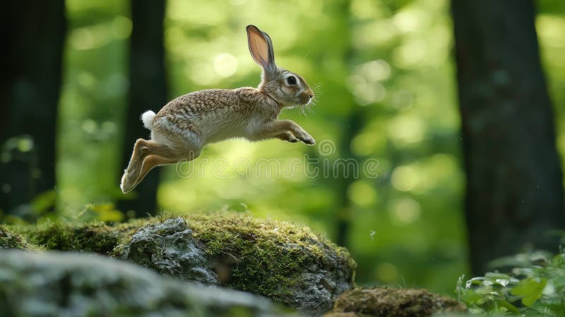 Rabbit Jumping Over a Moss Covered Rock in a Natural Outdoor ...