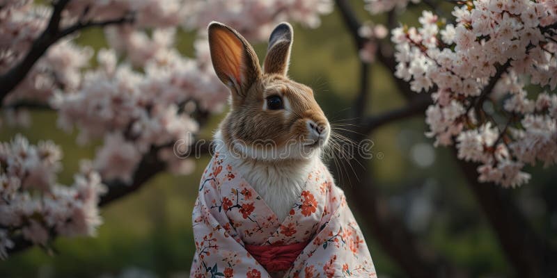 Rabbit in a Kimono Surrounded by Cherry Blossoms. Stock Photo - Image ...