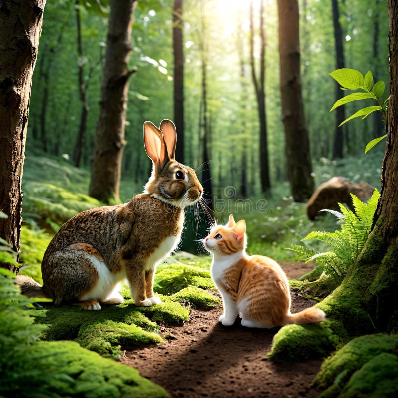 Rabbit and Kitten Meeting in the Woods. Stock Illustration ...