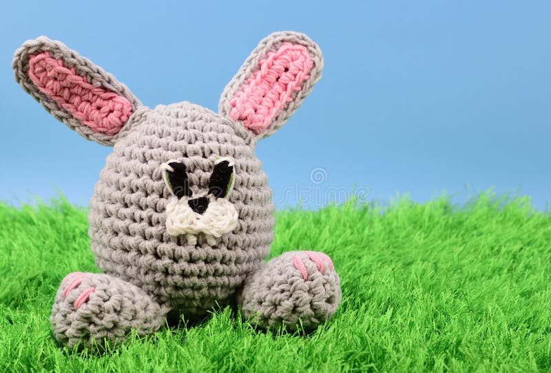 Rabbit Knitted from Gray Yarn on Green Grass Stock Image - Image of ...