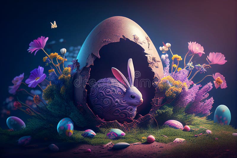 Rabbit in a Large Chocolate Easter Egg. Purple Color.. Easter. Stock ...