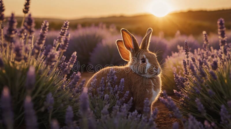 Golden Brown Rabbit in Lavender Field at Sunset Stock Illustration ...