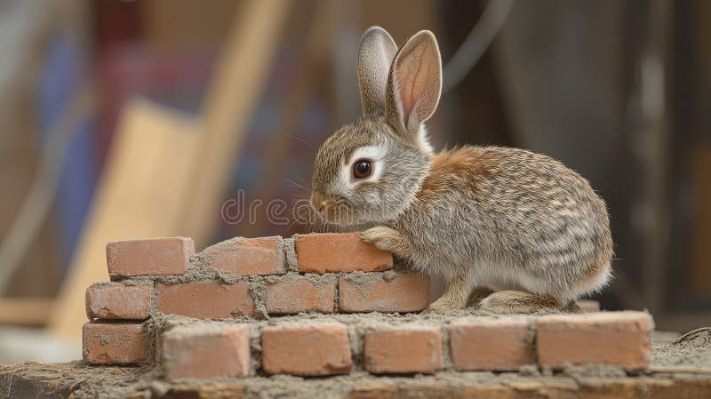 Rabbit Laying Bricks for a Small Wall.. Stock Photo - Image of little ...