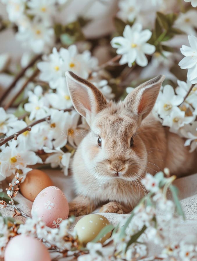 A Rabbit is Laying in a Field of Flowers and Eggs Stock Photo - Image ...