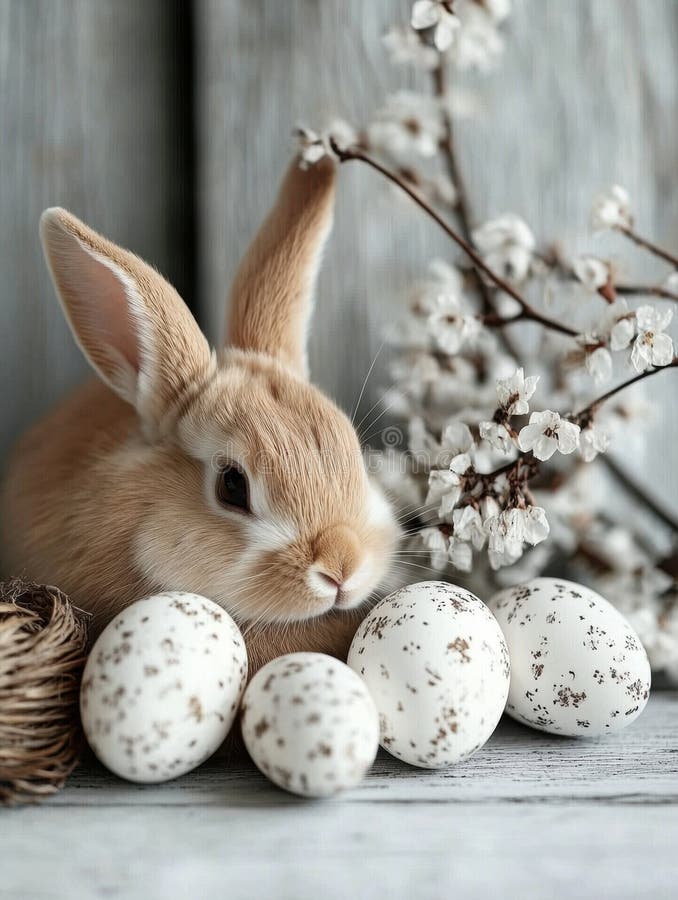 A Rabbit is Laying on a Table with Four Eggs in Front of it Stock ...