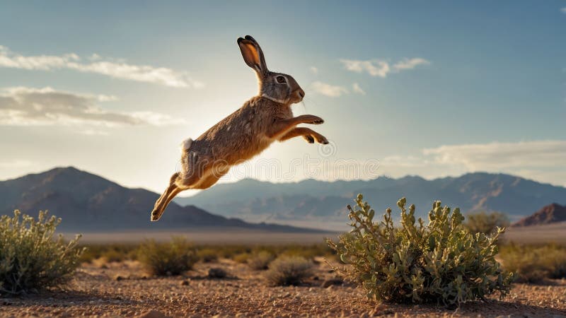 A Rabbit Leaps Gracefully Across a Desert Landscape with Mountains in ...