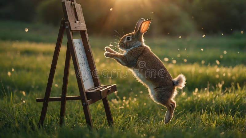 A Playful Bunny Artist Leaps Towards an Easel in a Sunlit Meadow Stock ...