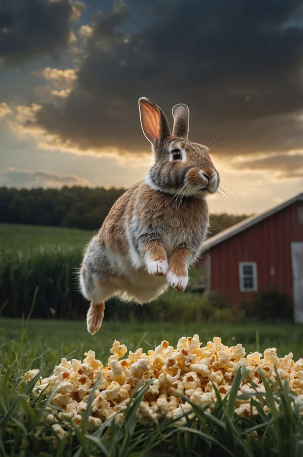 Adorable Bunny Rabbit Leaps Towards a Huge Pile of Popcorn at Sunset ...