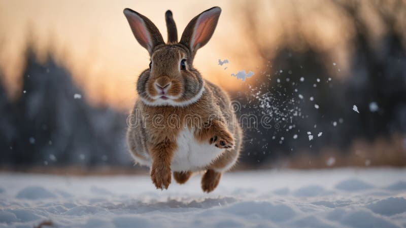 Adorable Brown Rabbit Leaping through Snowy Landscape at Sunset Stock ...