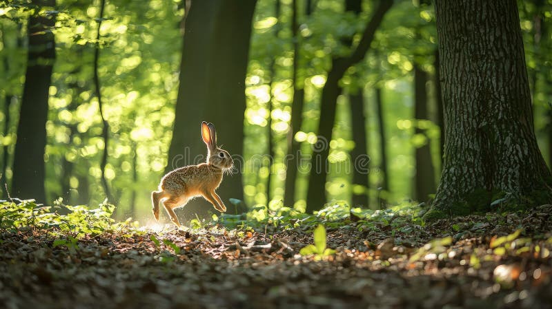 A Rabbit Leaps through Sunlight in a Forest Stock Photo - Image of bush ...