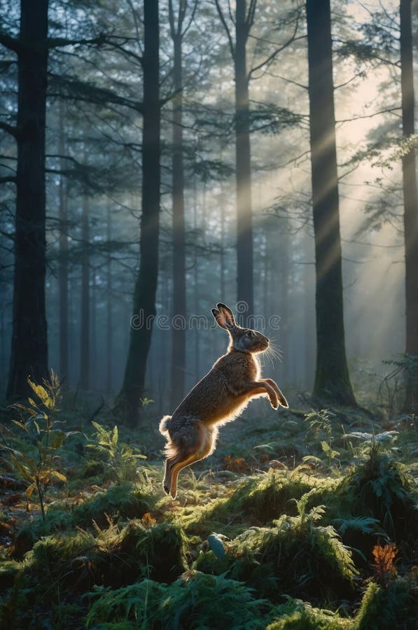 Majestic Hare Leaping through Sunlit Forest Stock Illustration ...