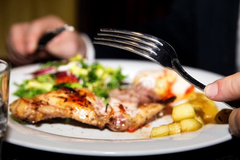 Rabbit Leg with Apple Confit and Vegetable Salad Stock Photo - Image of ...