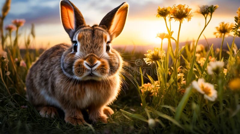 Rabbit with Light Brown Nose and Eyes Sits in Field of Flowers at ...
