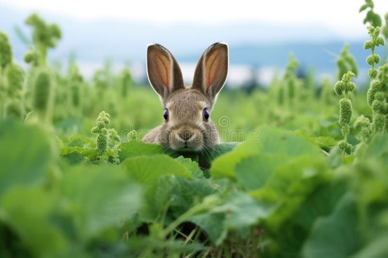 Rabbit with Long Ears Perked Up, Alert, in a Green Field Stock Image ...