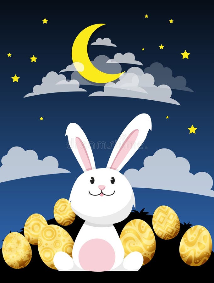Rabbit Looking At The Moon In The Night Sky And Stars Stock Vector ...