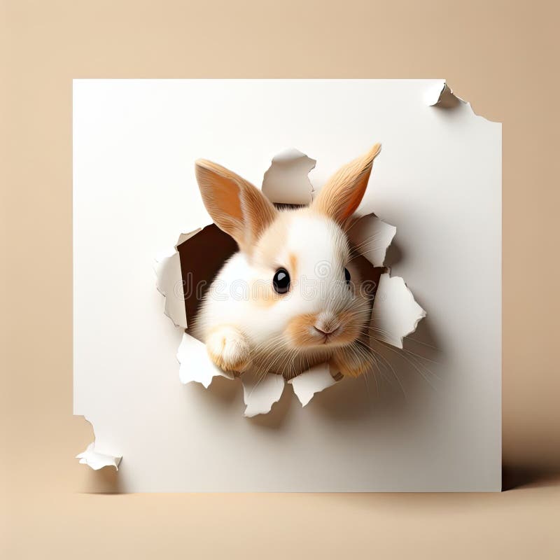Rabbit Looks through a Hole in a Paper. Stock Image - Image of rabbit ...