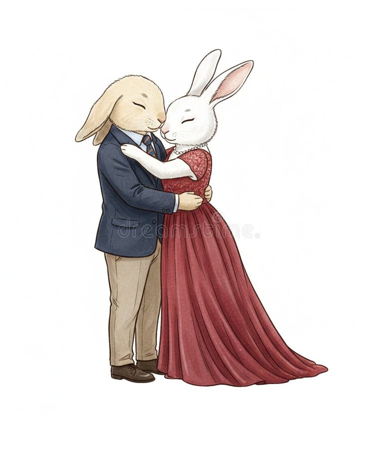 A Rabbit Loving Couple Dressed Like Humans Hugging One Another White ...