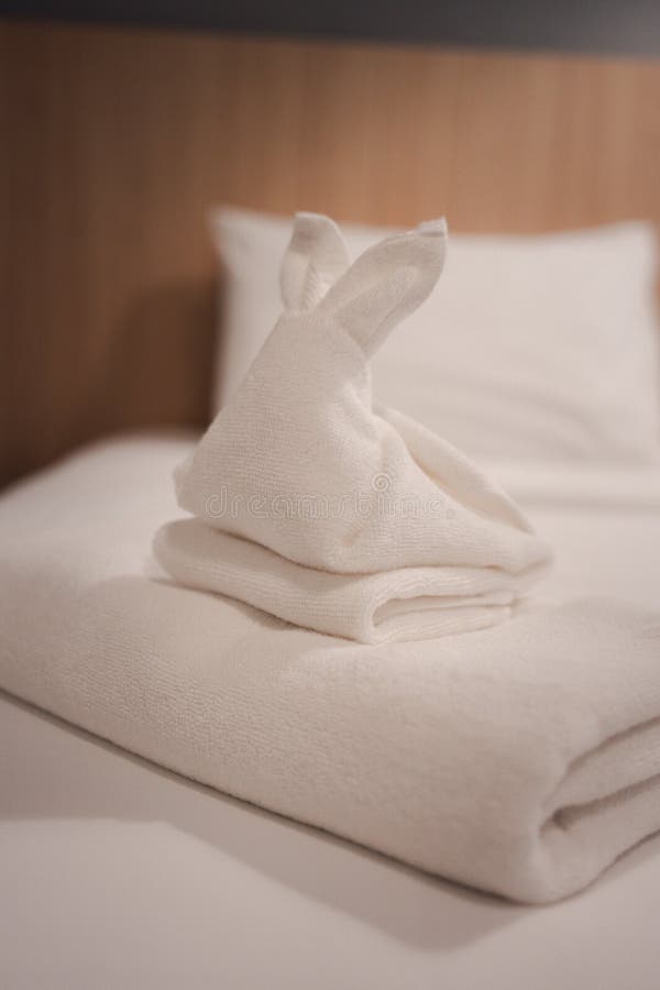 Rabbit Made of Towels on Bed in the Room Stock Image - Image of closeup ...