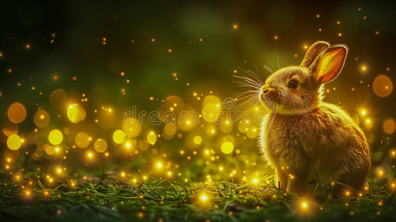 Rabbit in a Magical Forest with Glowing Lights Stock Illustration ...