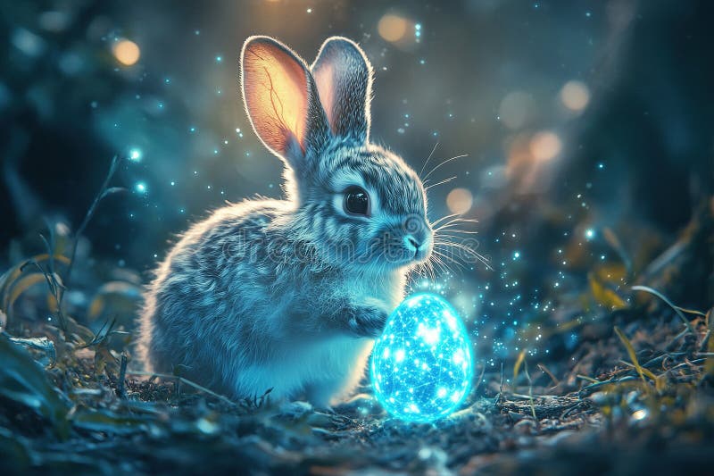 A Rabbit in a Magical Forest Holds an Easter Glowing Neural Egg in Its ...