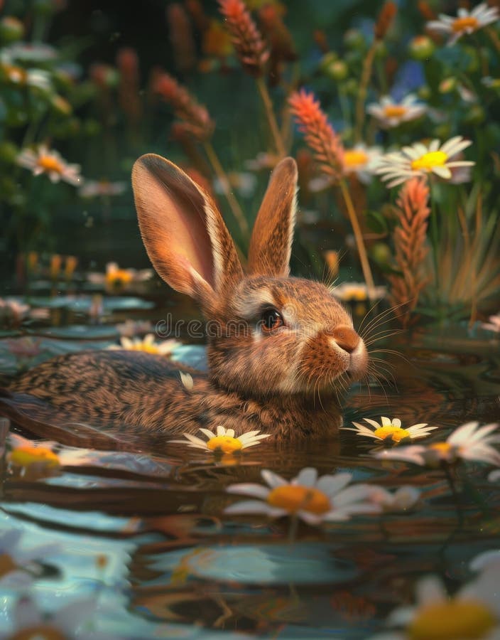 Rabbit in a Magical Pond Surrounded by Flowers Stock Illustration ...