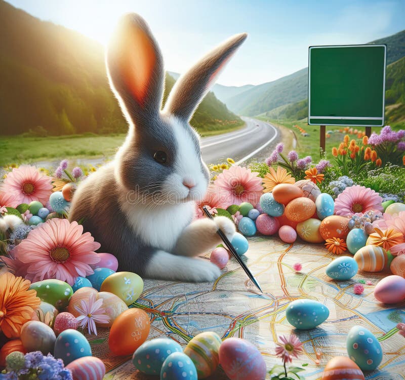 Rabbit Marks a Place on the Map with a Pen, Marking a Stop Stock ...