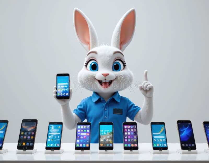 Rabbit Mascot Presenting Smart Phones on Display in Product ...