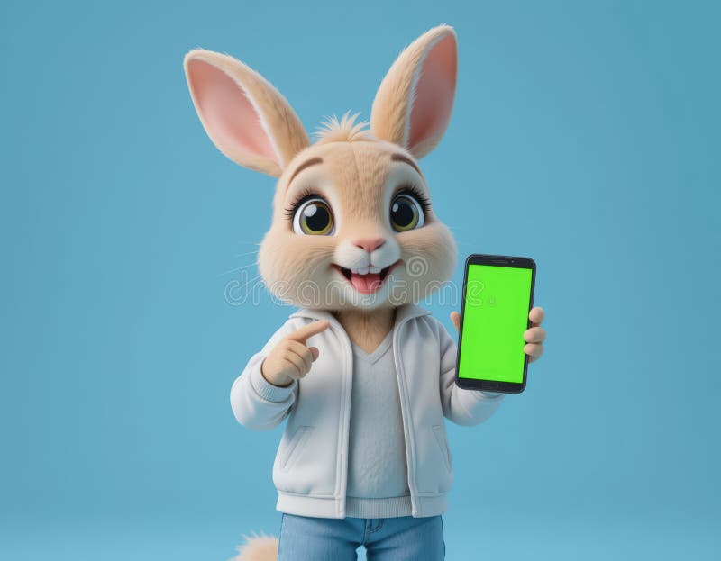 Rabbit Mascot Presenting Smartphone with Green Screen on Blue ...