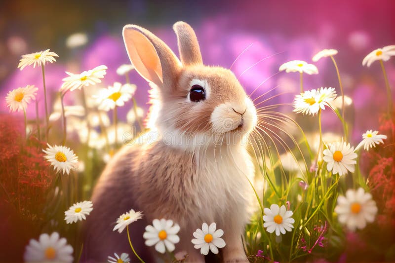 Rabbit in a Meadow in Blooming Daisies in Spring. Generative AI ...
