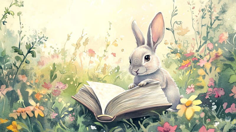 Rabbit in a Meadow with a Storybook: Quality. Stock Photo - Image of ...