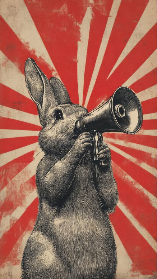Rabbit with Megaphone Against Red Sunburst Background, Vintage ...